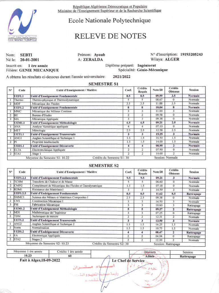 Relevet de Notes BAC+3 (Génie Mécanique) | PDF
