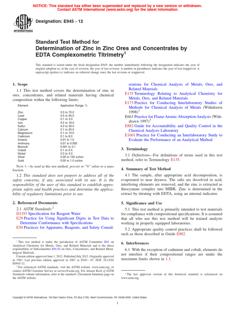 E945 Standard Test Method For Determination of Zinc in Zinc Ores and ...