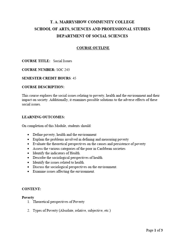 Social Issues Course Outline SOC 243 | PDF | Poverty | Poverty ...