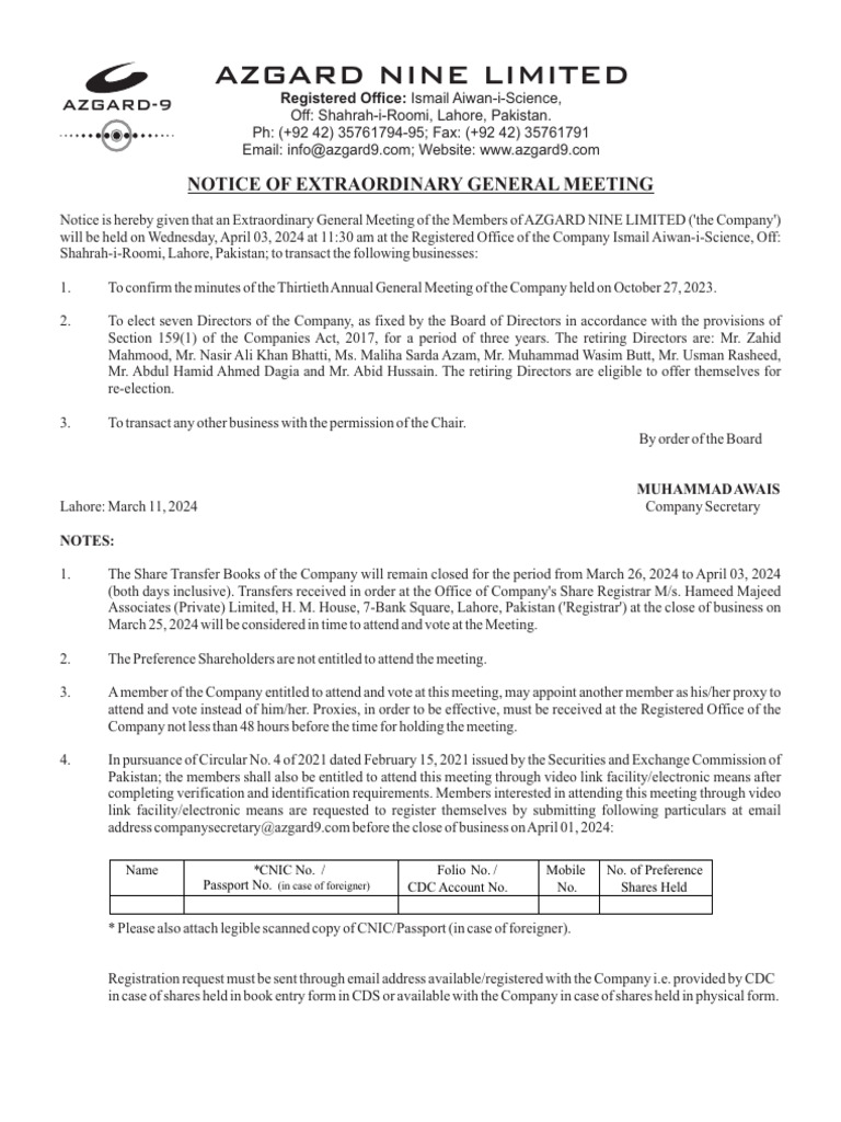 Azgard Nine Limited EGM Notice 2024 | PDF | Proxy Voting | Identity ...
