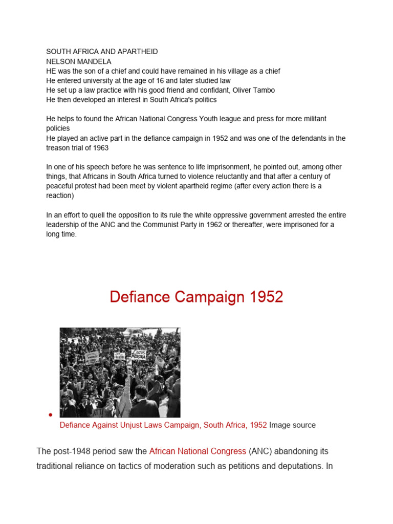 Mandela and the 1952 Defiance Campaign | PDF | Apartheid | Nelson Mandela