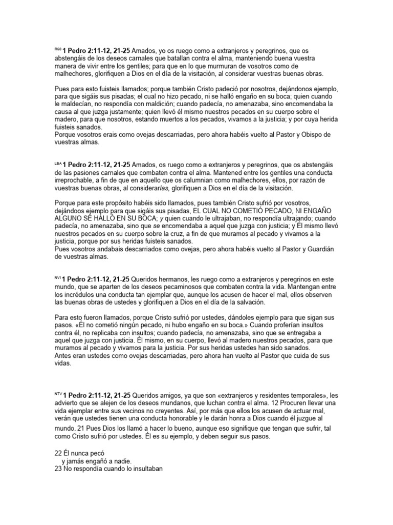 Texto bíblico en distintas versiones 1 Pedro 2_11-12 y 21-25 | PDF | Pecado | Cristo (título)