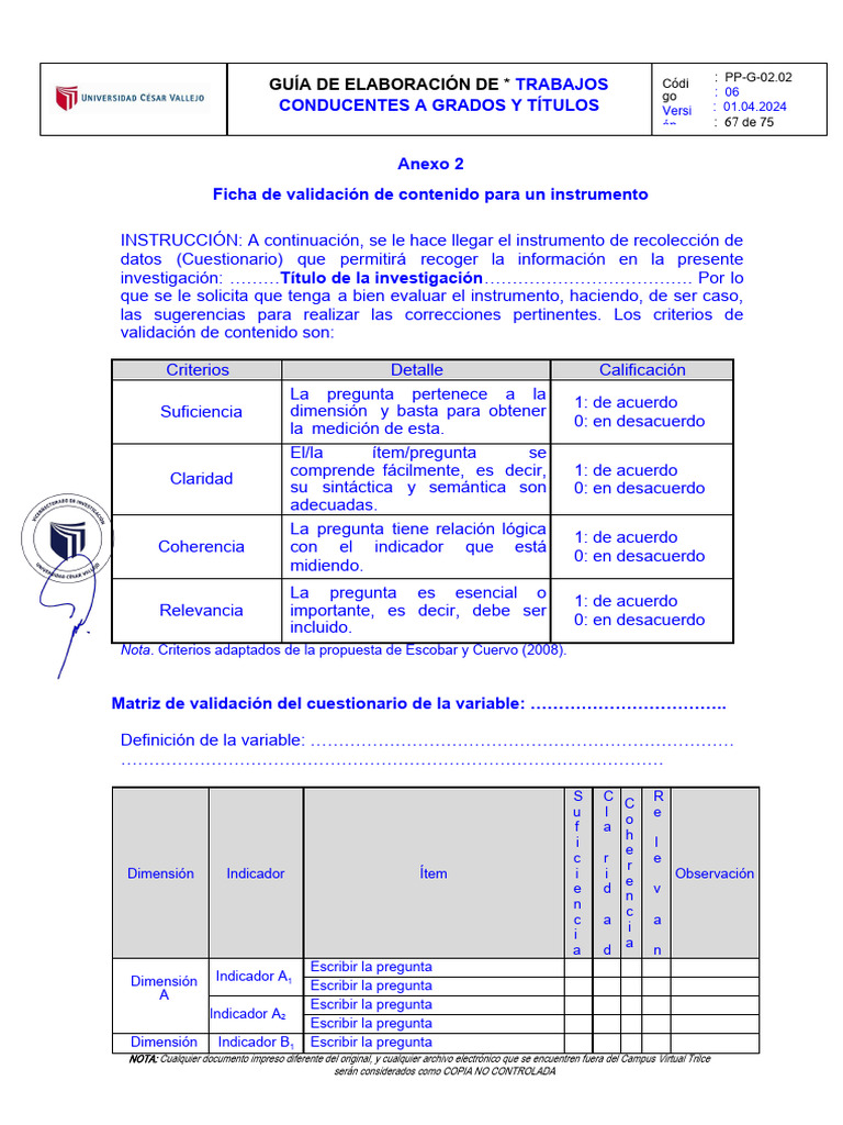 Ficha de Validación - RVI N°081-2024-VI-UCV 01abri24 | PDF | Cuestionario