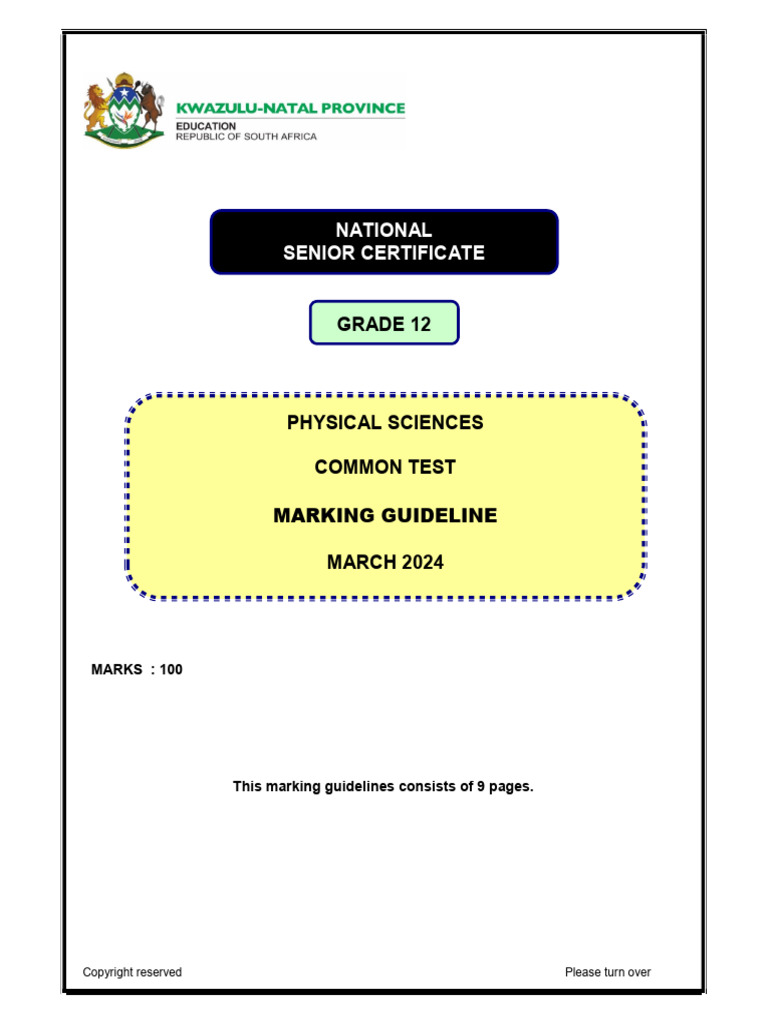 Grade 12 KZN Physical Sciences March 2024 Marking Guideline | PDF ... Grade 12 KZN Physical Sciences March 2024 Marking Guideline | PDF ...