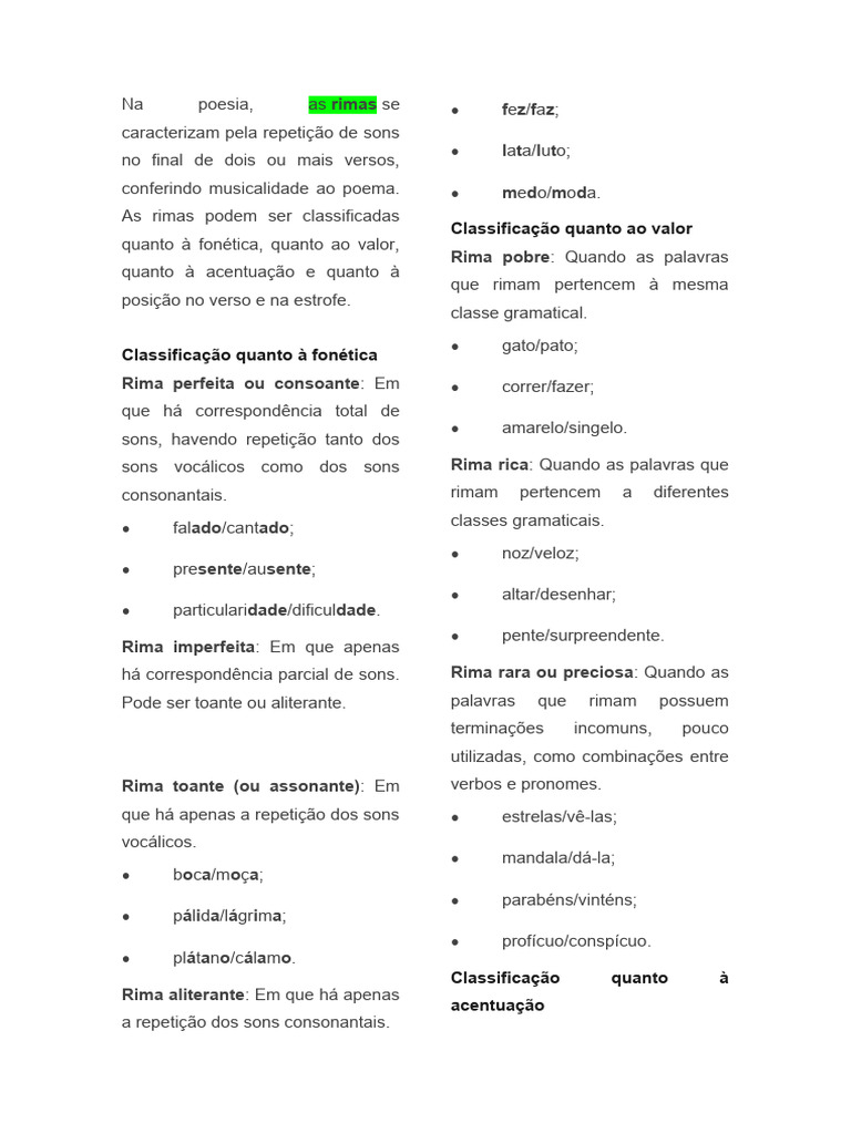 Na Poesia Tipos de Rimas | PDF | Fonética | Rima