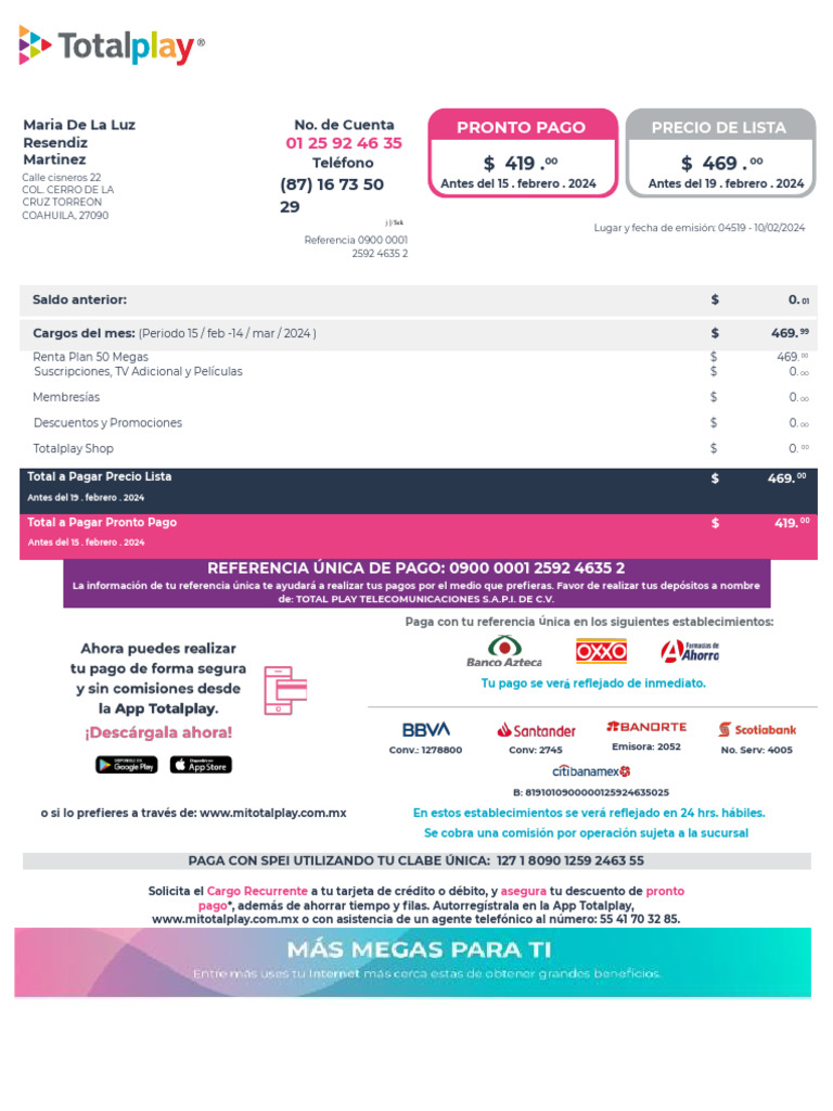 Factura Totalplay: Renta 50 Megas | PDF | Tecnología bancaria ...