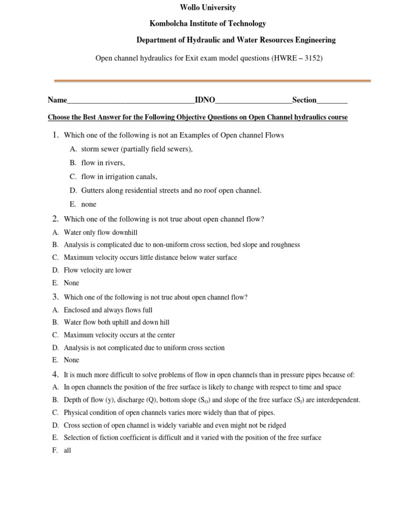 Open Channel Hydraulics Exite Exam | PDF | Discharge (Hydrology ...