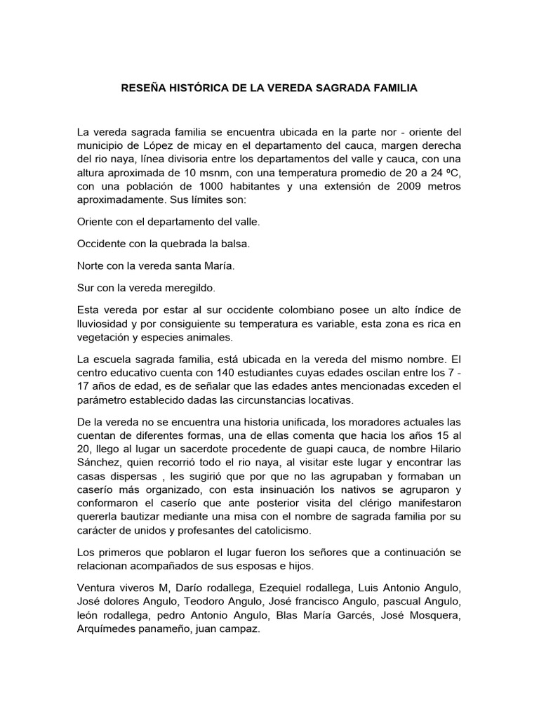 RESEÑA HISTÓRICA DE LA VEREDA SAGRADA FAMILIA | PDF