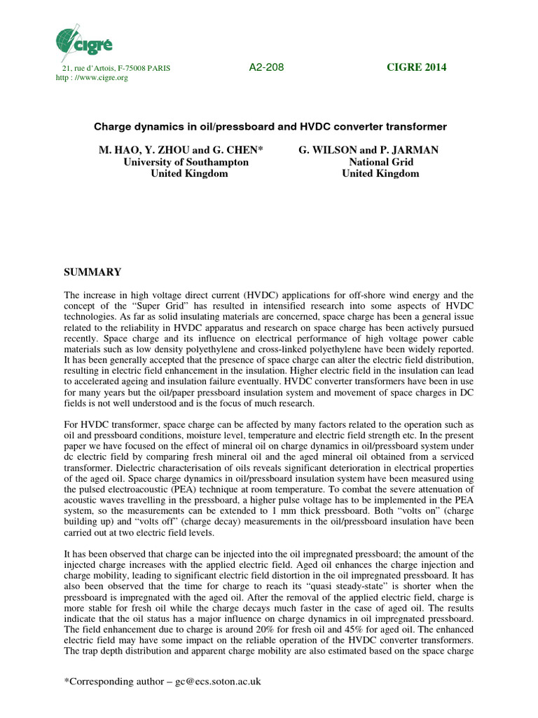 A2 - 208 - 2014-Charge Dynamics in Oil-Pressboard and HVDC Converter Transformer | PDF | High ...