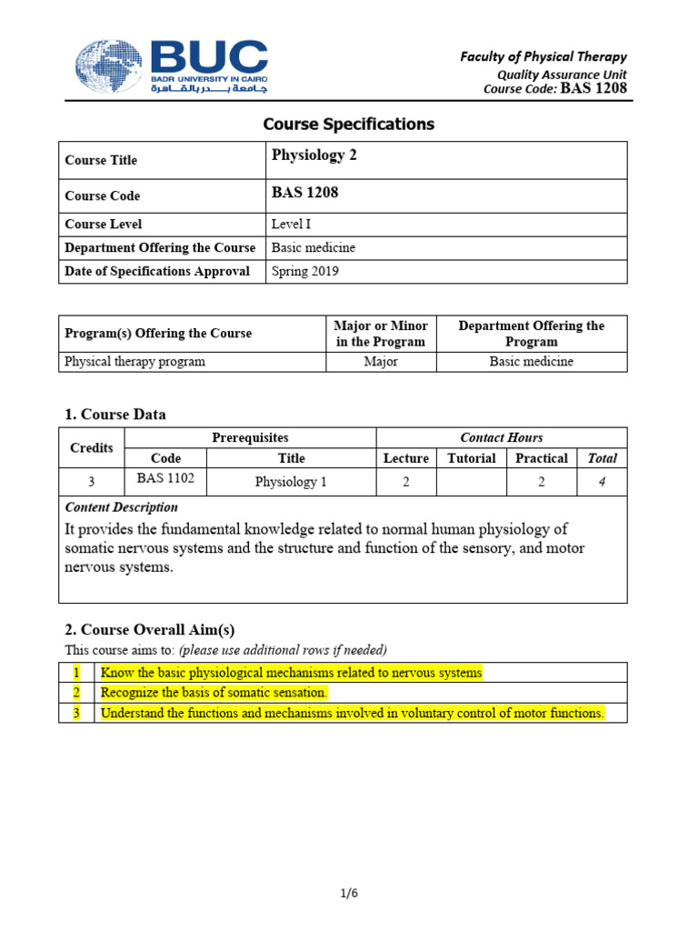 Physiology 2Course Specifications Template Updated PT | PDF | Endocrine System | Nervous System
