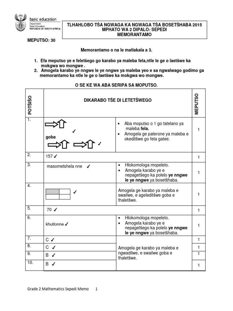 Grade 2 Sepedi Mathematics Memo | PDF | Linguistics | Languages