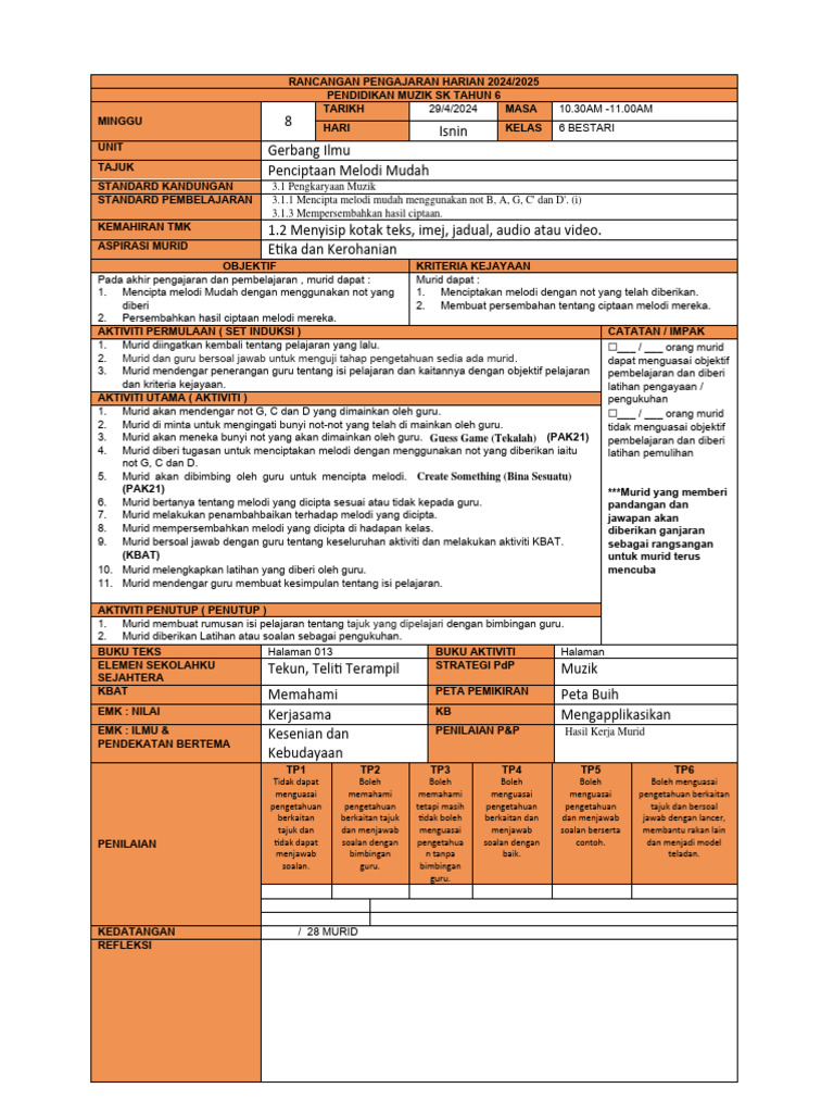 M6 RPH Pendidikan Muzik THN 6 2024-2025 by Cikgu Gorgeous | PDF