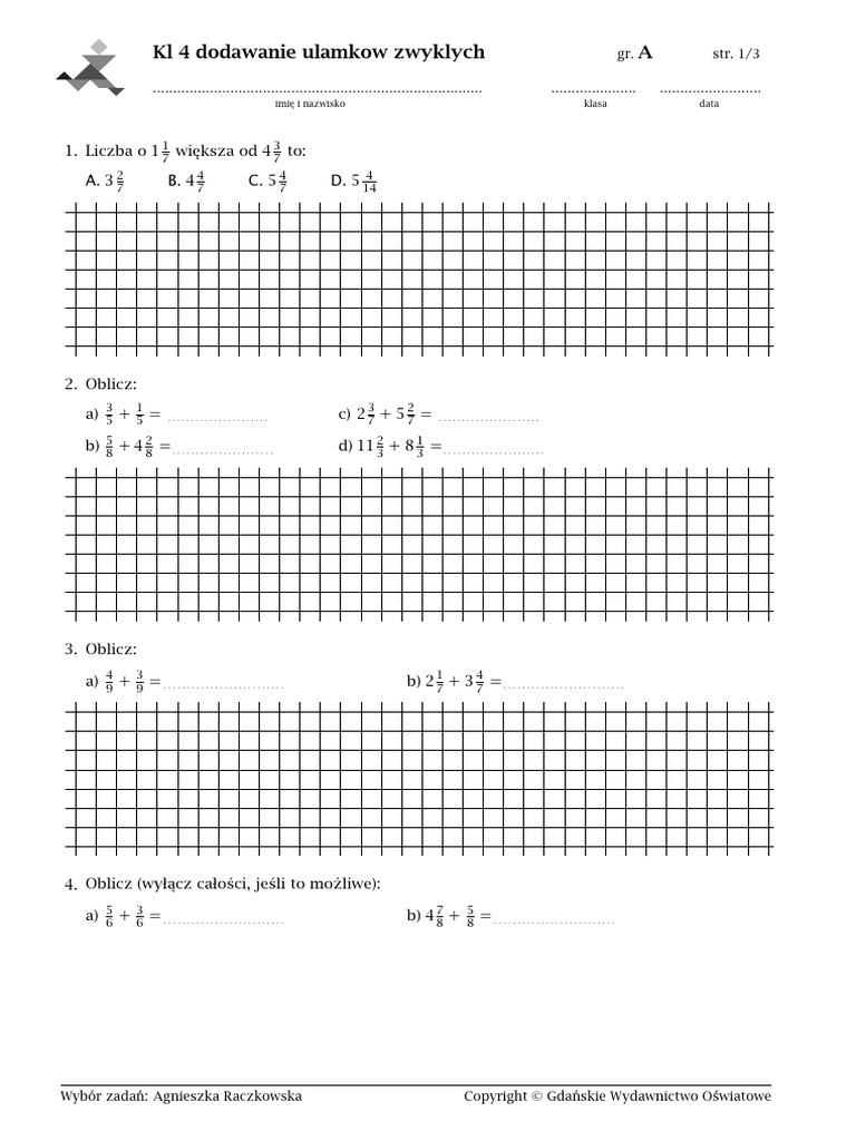 5. Klasowka - Dodawanie Ulamkow Zwyklych | PDF