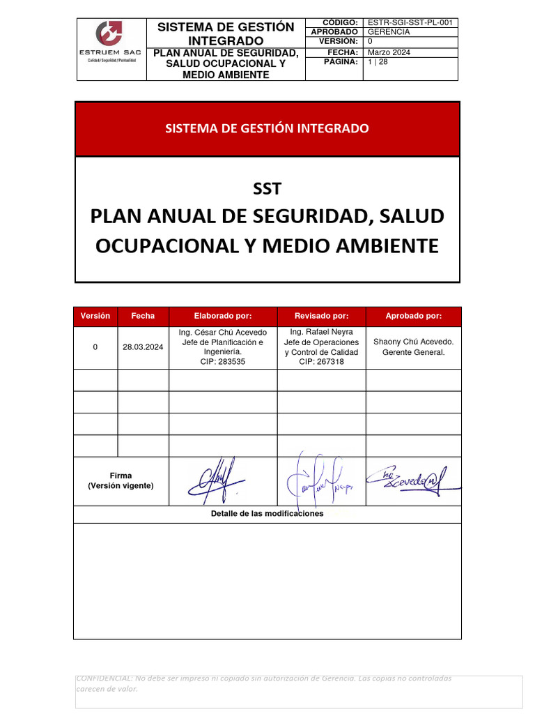 ESTR-SGI-SST-PL-001. Plan Anual de Seguridad y Salud en El Trabajo - Ver.00 | PDF | Seguridad y ...