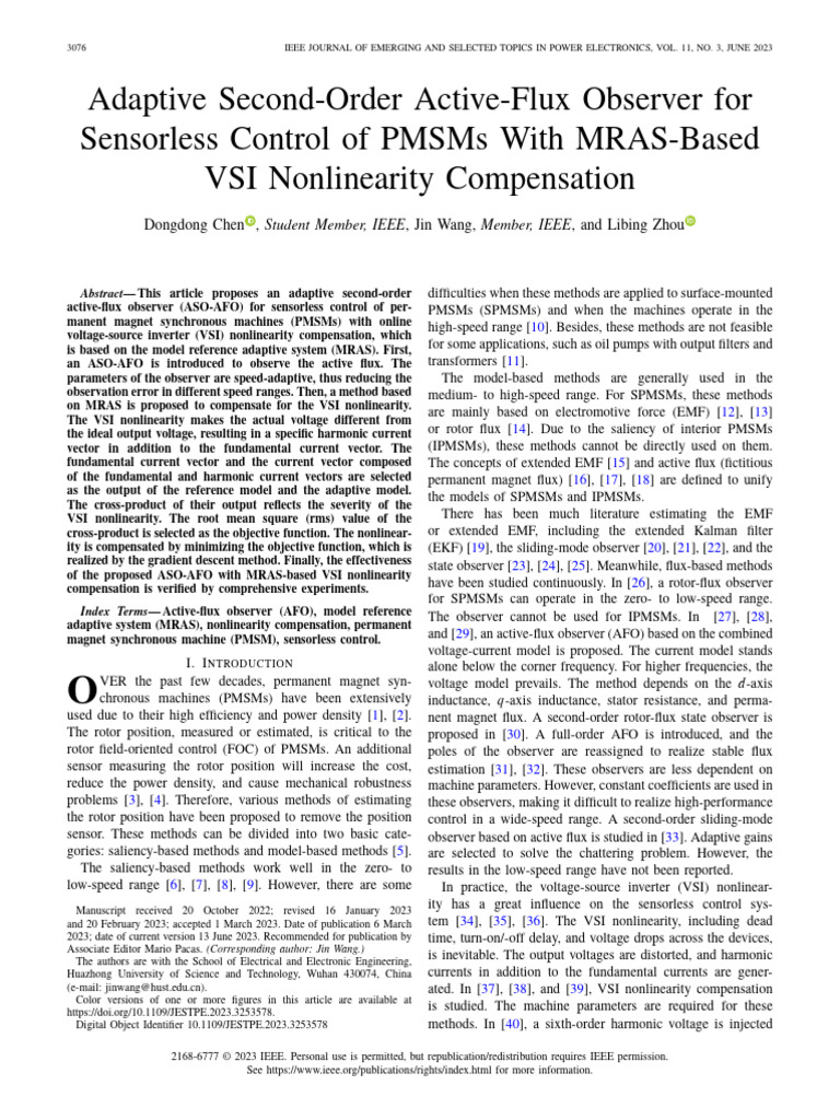 Adaptive Second-Order Active-Flux Observer For Sensorless Control of PMSMs With MRAS-Based VSI ...