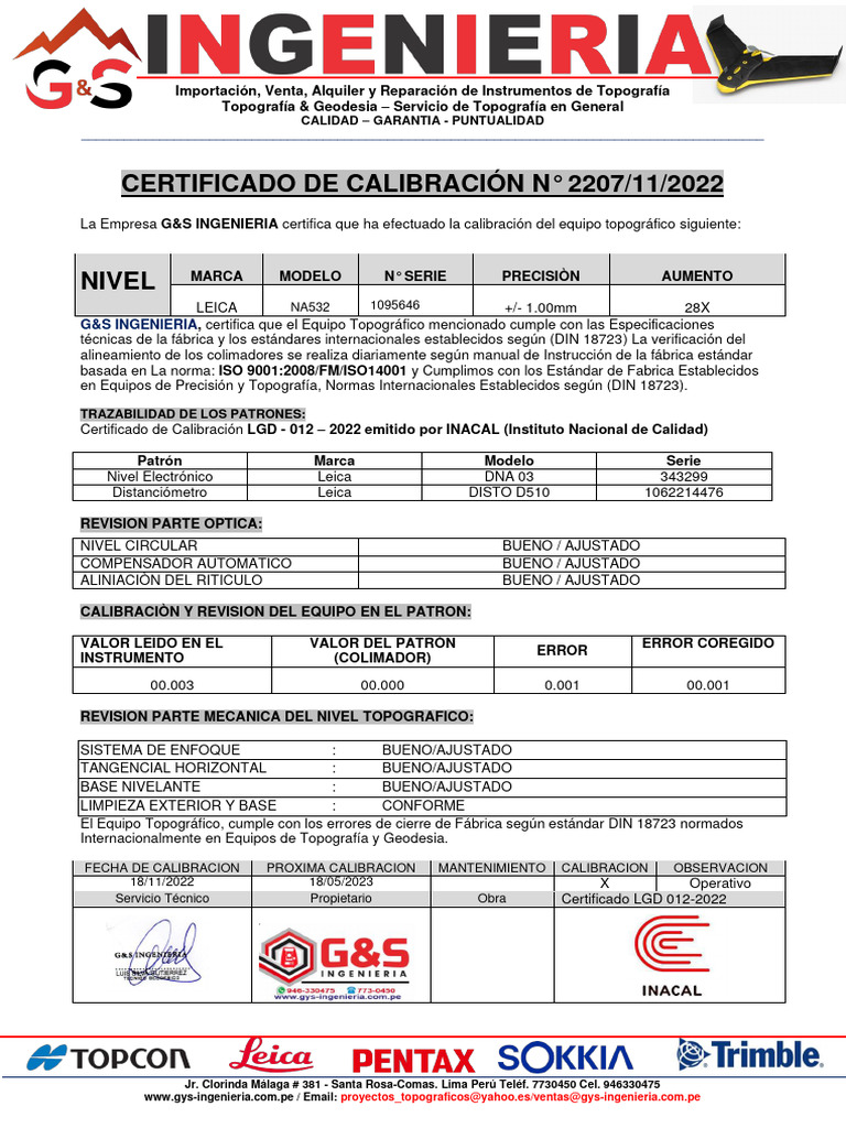 Certificados de Calibracion Nivel 2022 LEICA | Descargar gratis PDF ...