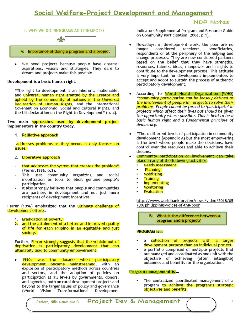 NDP - Notes - Social Welfare Project Devt and Management - 2023 ...