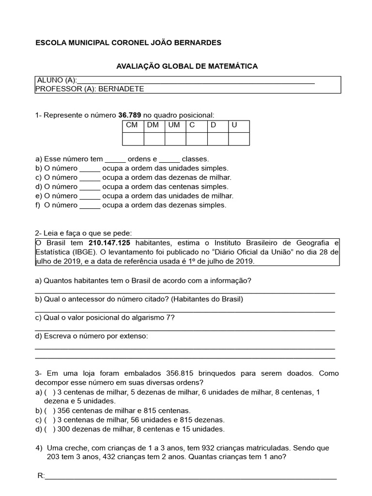 AVALIACAO DE MATEMATICA 5 ANO A 2024 | PDF