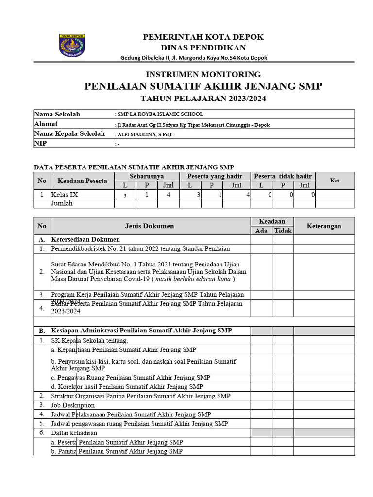 Instrumen Monev Penilaian Sumatif Akhir Jenjang SMP Tahun 2024 | PDF
