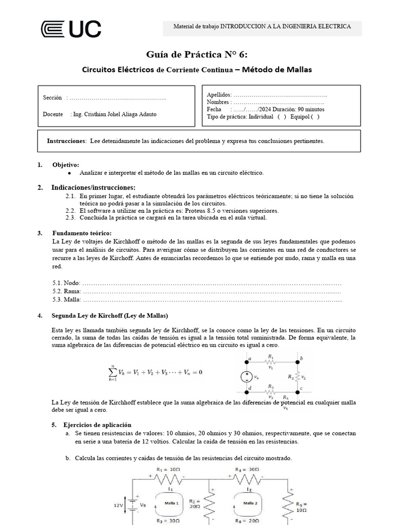 Guia de Practica N°6 Mallas | PDF | Resistencia Eléctrica y Conductancia | voltaje