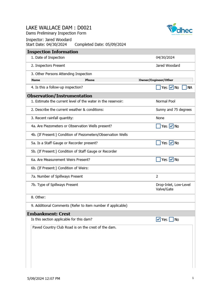 Lake Wallace Inspection Report | PDF | Dam | Spillway