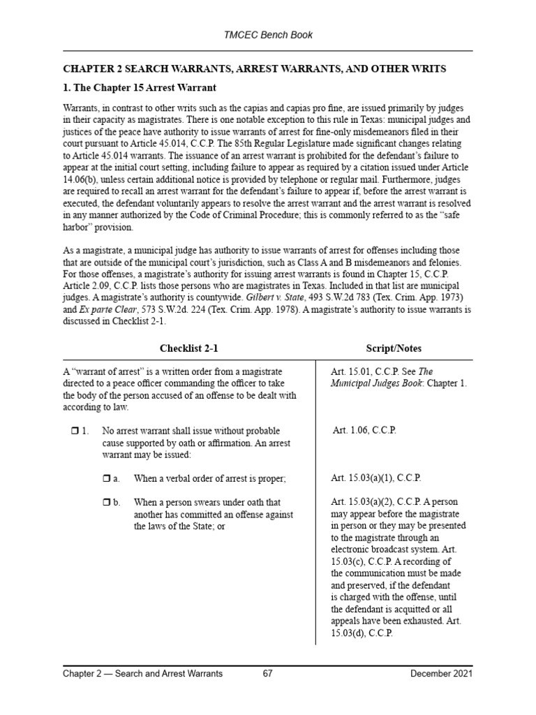 Bench - Book - Chapter 2 1 | PDF | Arrest Warrant | Search And Seizure