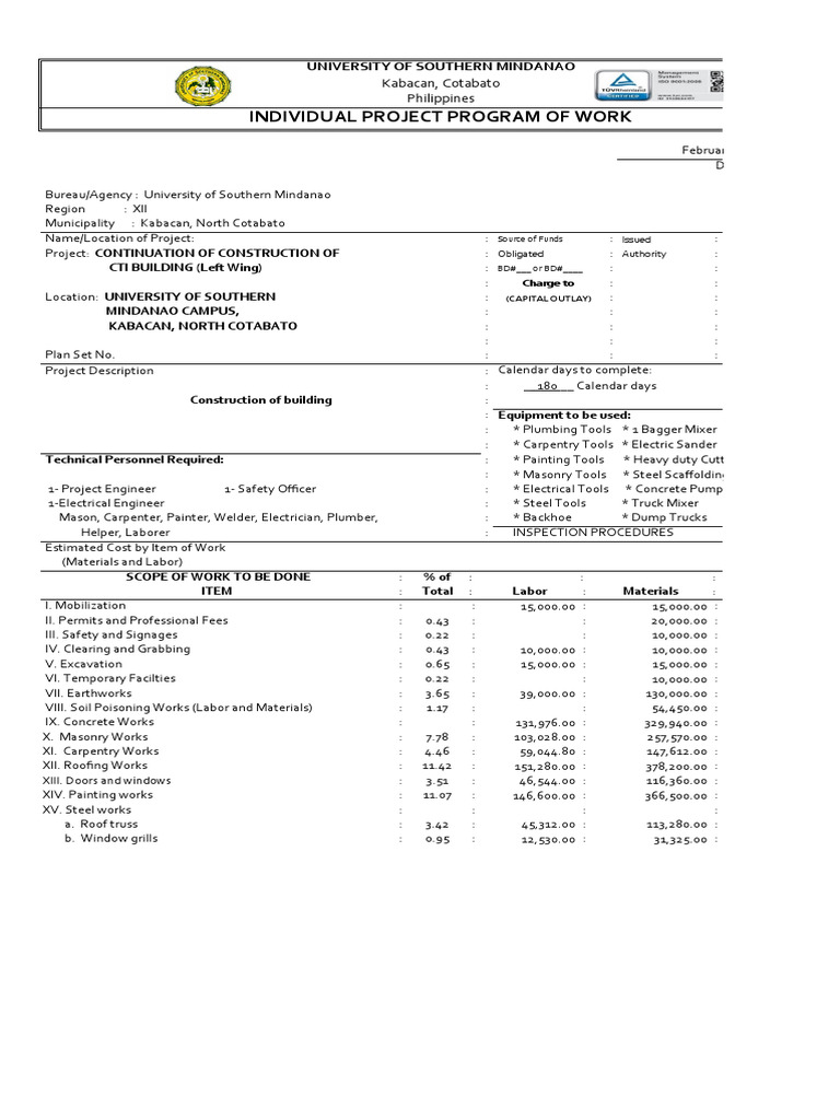 Program of Work Left Wing | PDF | Building Engineering