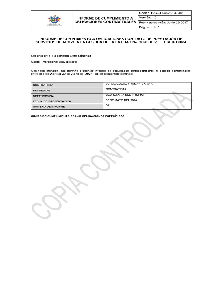 CPS 1020 - Abril - Informe de Cumplimiento Obligaciones Contractuales | PDF