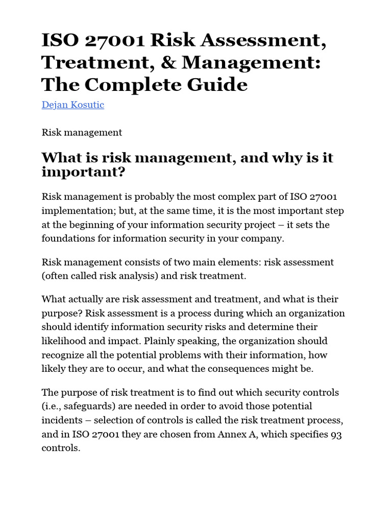 ISO 27001 Risk Assessment, Treatment, & Management - The Complete Guide | PDF | Risk | Risk ...
