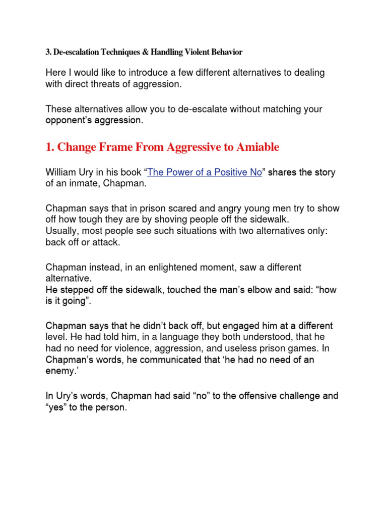 De-Escalation Techniques & Handling Violent Behavior | PDF | Aggression ...