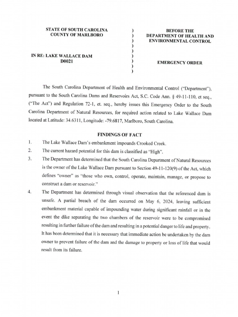Emergency Order - Lake Wallace Dam | PDF | Dam | Emergency