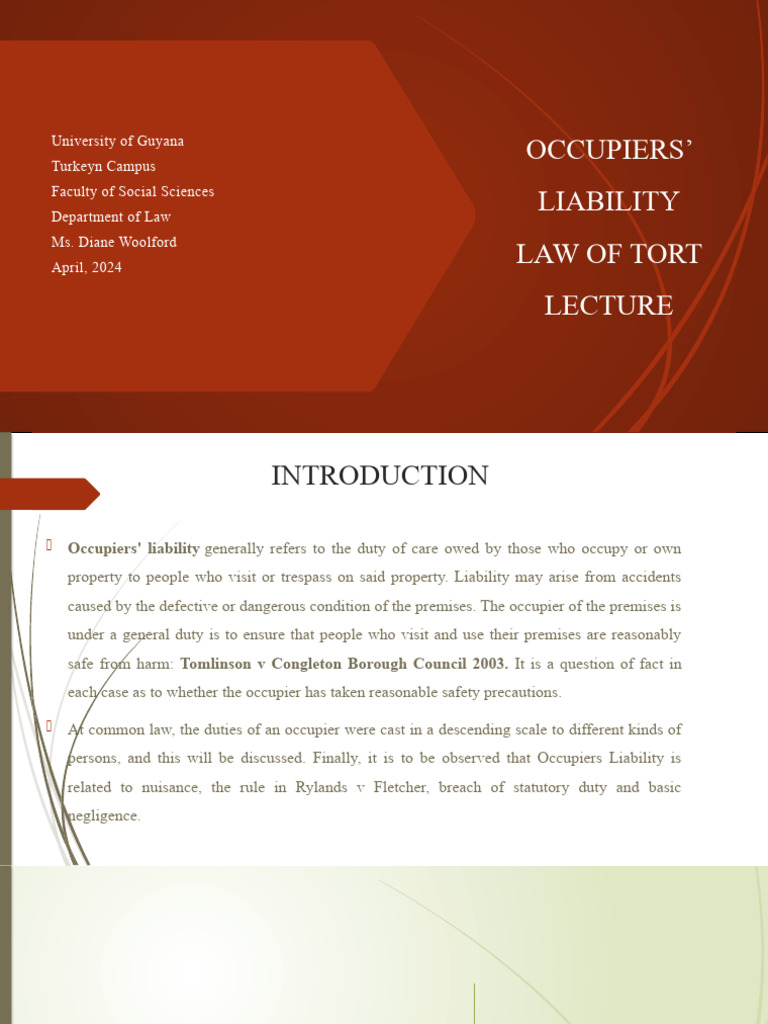 Occupiers Liability Lecture 2024 DW | PDF | Legal Liability | Duty Of Care