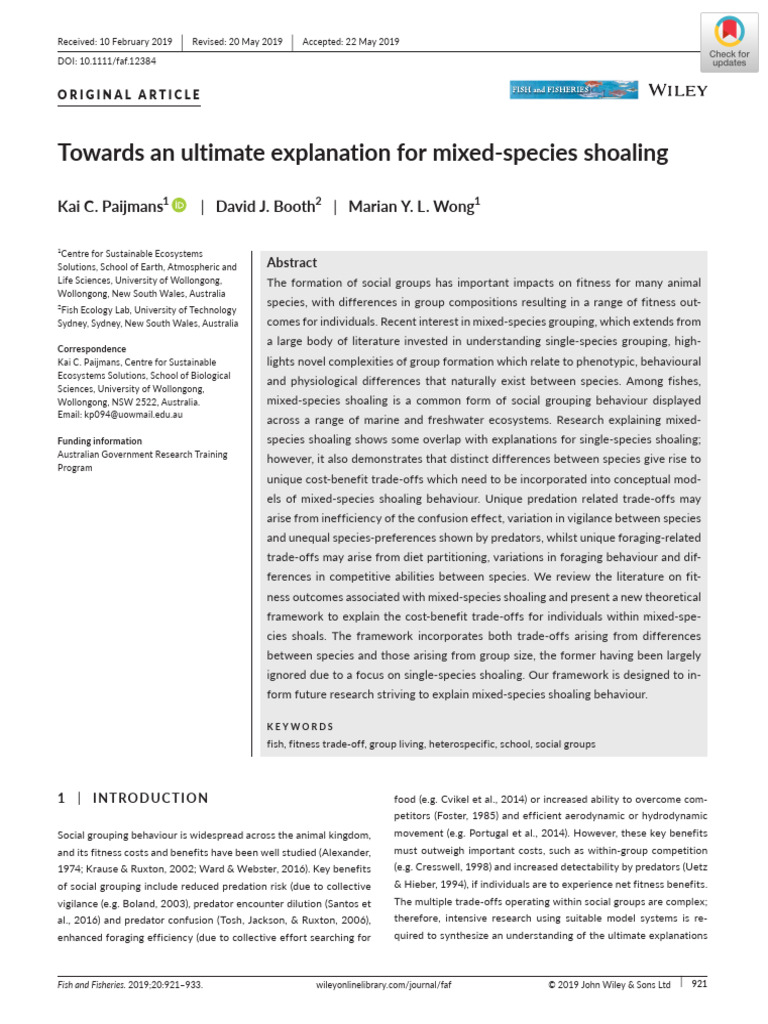 Towards An Ultimate Explanation For Mixed Species Shoaling | PDF ...