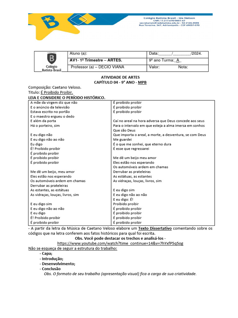 Cap 04 - Atv 9º Ano Av1 - 2024 1º Trim | PDF