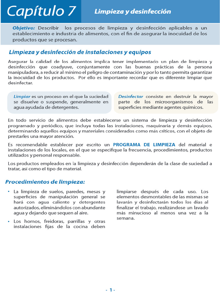 Capítulo 7. Limpieza y Desinfección. Limpieza y Desinfección de Instalaciones y Equipos ...