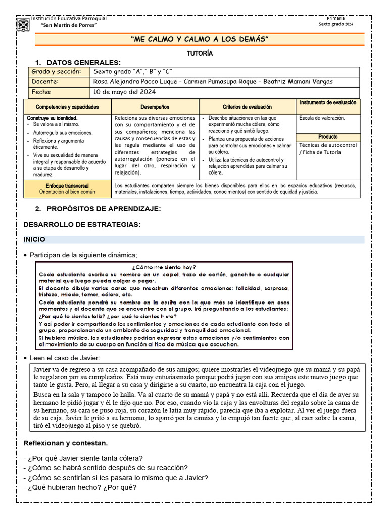 SESION TUTORIA -10-05- ME CALMO Y CALMO A LOS DEMÁS | PDF | Evaluación ...