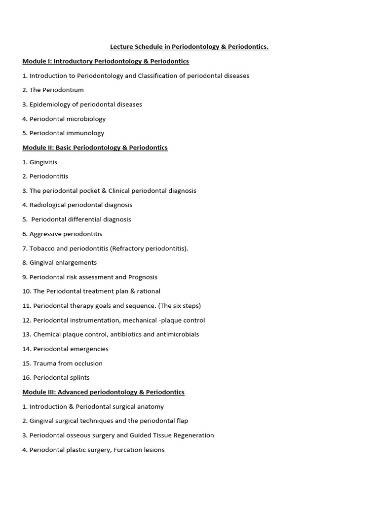 Periodontology Lecture Schedule | PDF