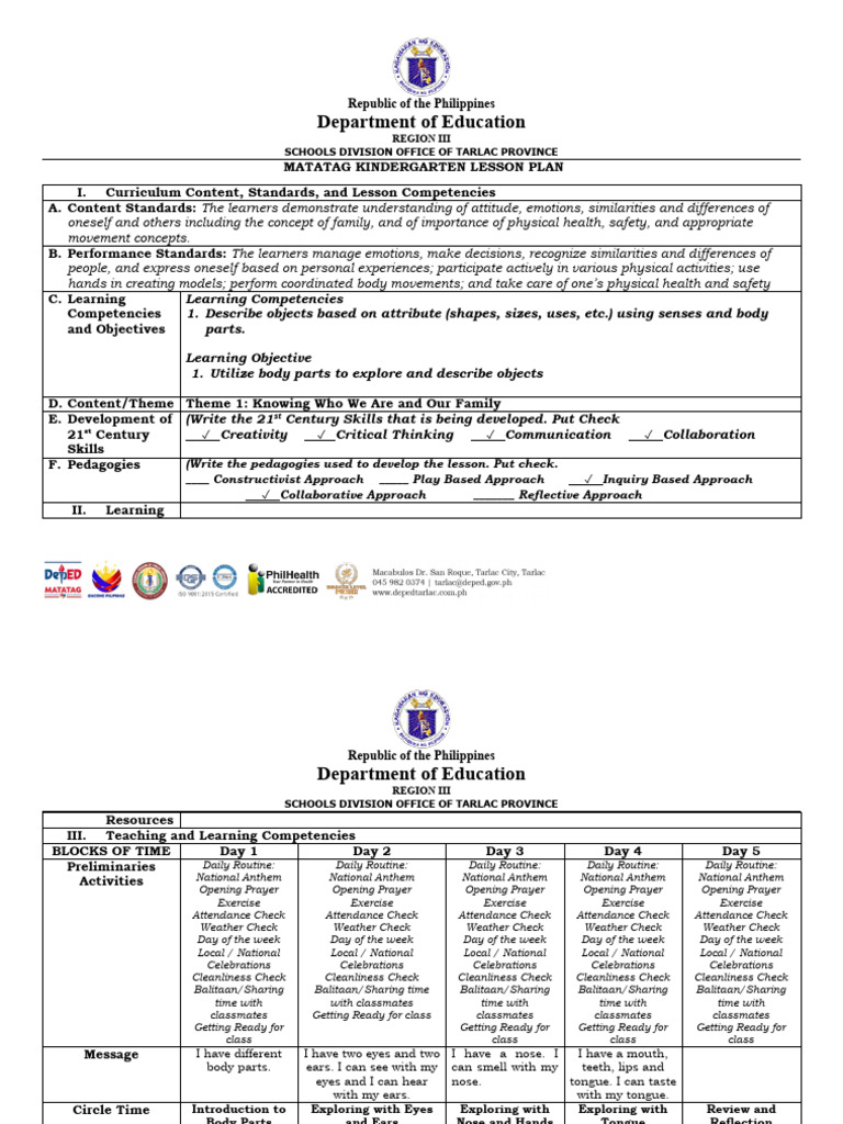 MATATAG KINDERGARTEN LESSON PLAN 1 Describing Objects Based On ...