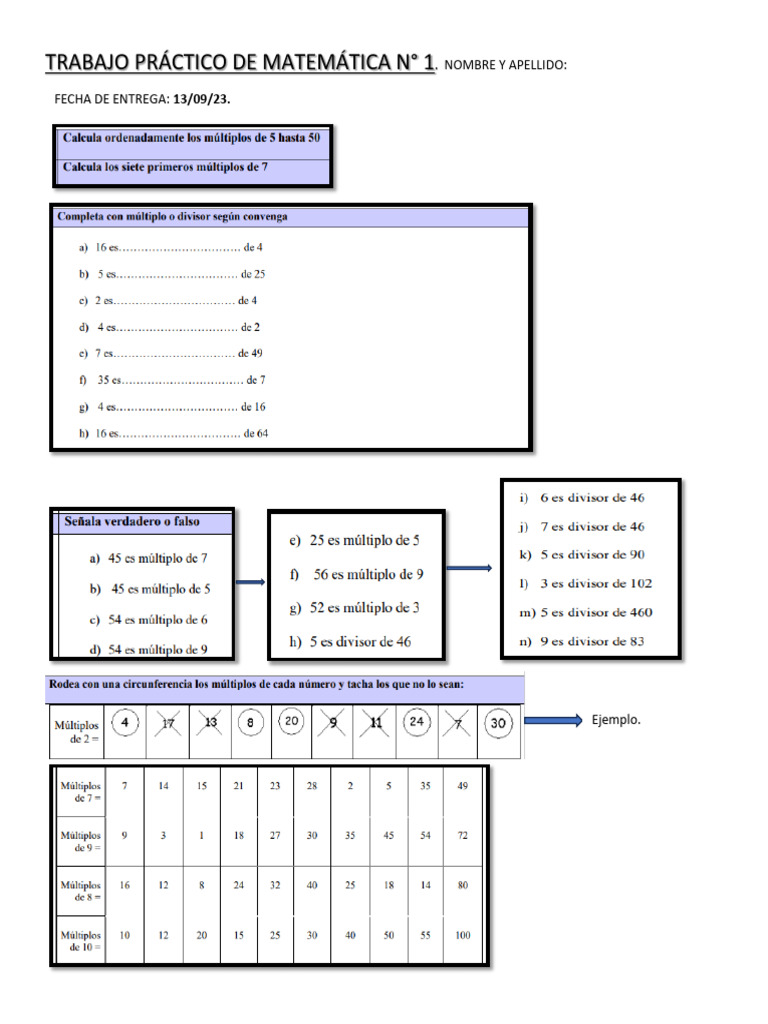 TRABAJO PRÁCTICO de MATEMÁTICA N.docx 2023 Multiplos, Divisores Numeros ...