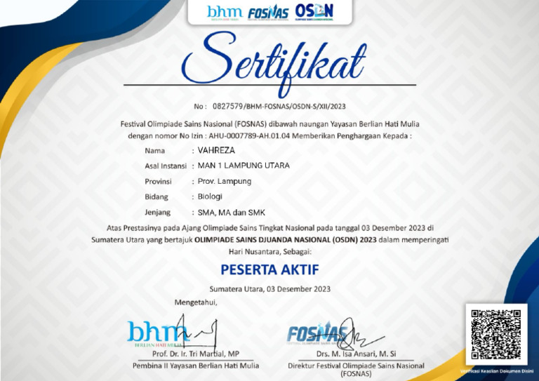 Cert Biologi - OSDN 2024 | PDF