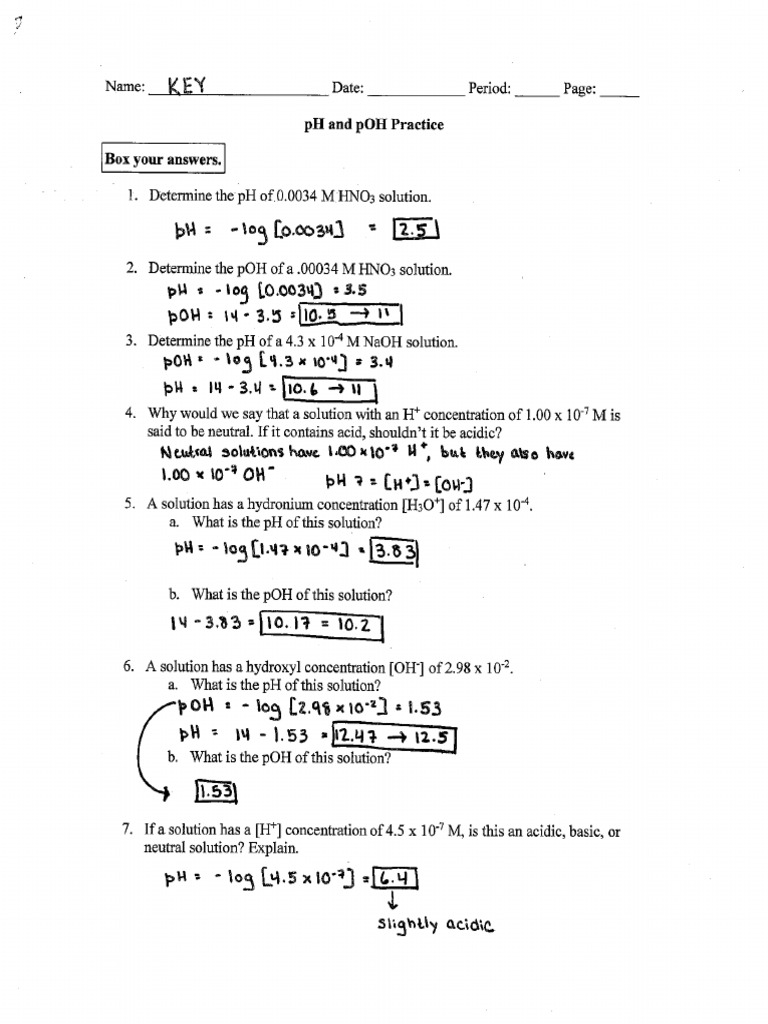 PH and pOH Practice ANSWERS | PDF