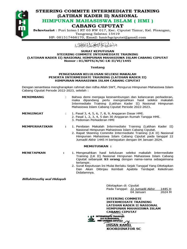 FINAL SK Kelulusan Makalah LK2 Nasional HMI Ciputat 2024 - 115143 | PDF