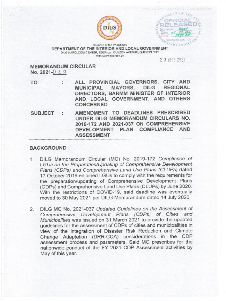 DILG MC 2021-049 - Amendment To Deadlines On CDP Compliance and ...