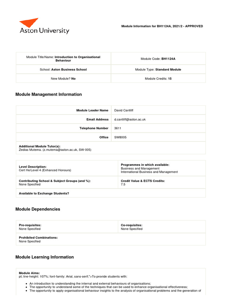 Specification Organisational Behaviour | Download Free PDF | Organizational Behavior | Lecture