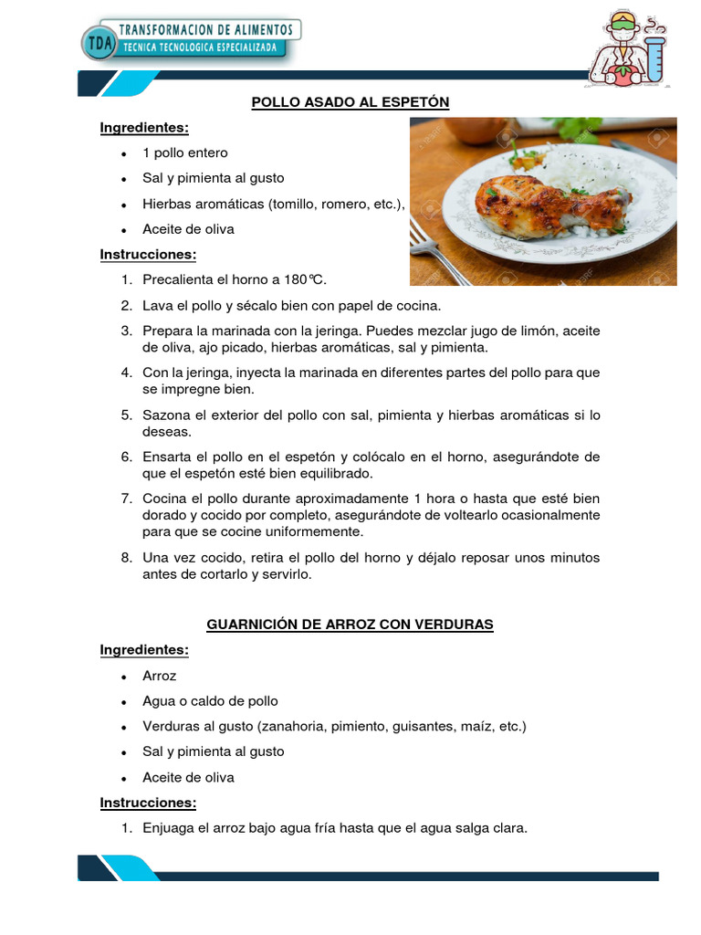 Receta de Pollo Espeton | PDF | ensalada | Sopa de pollo