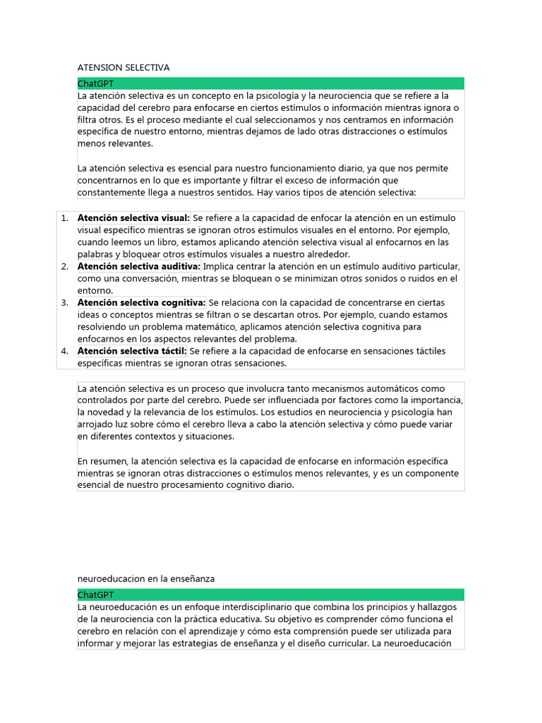 ATENSION SELECTIVA y Neuroeducacion | PDF | Atención | Cerebro