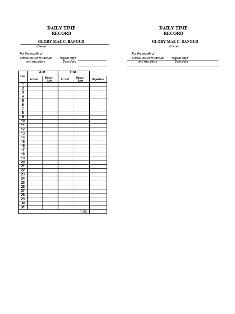 Daily Time Record Daily Time Record: Glory Mae C. Bangud | PDF