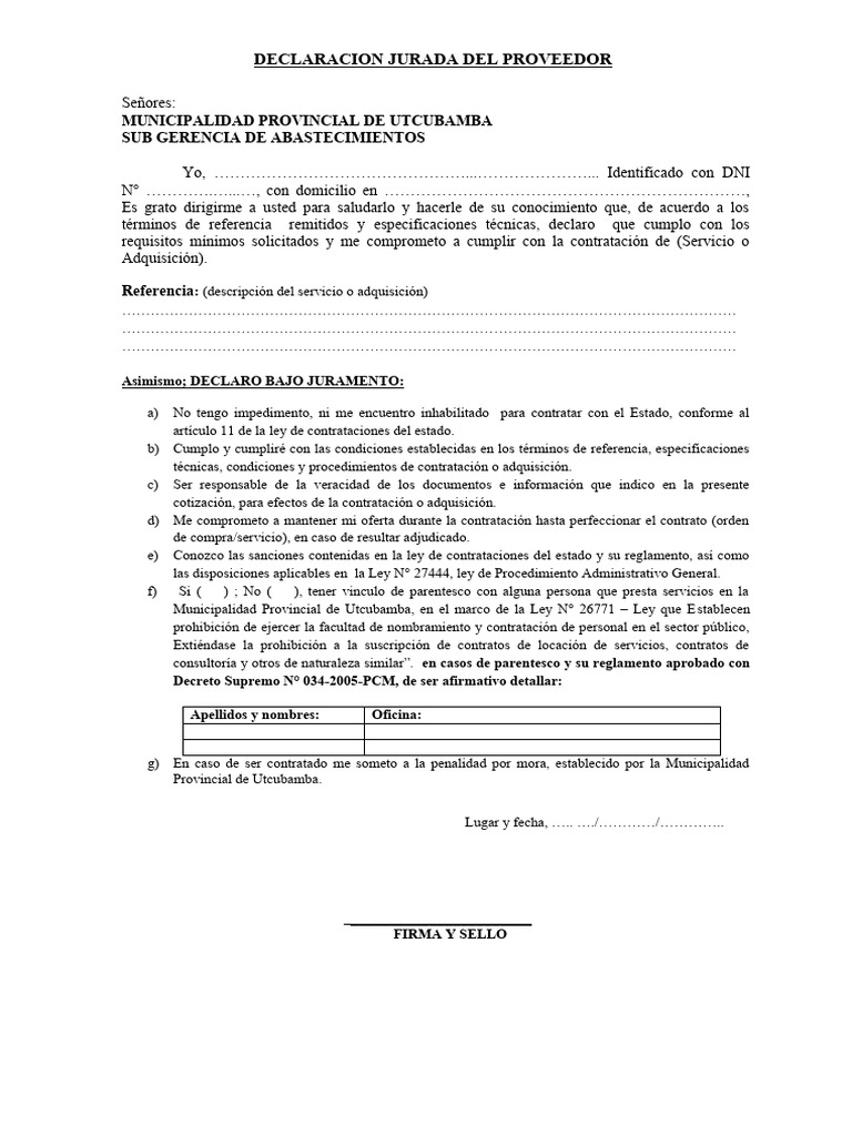 Declaracion Jurada Del Proveedor: Municipalidad Provincial de Utcubamba Sub Gerencia de ...
