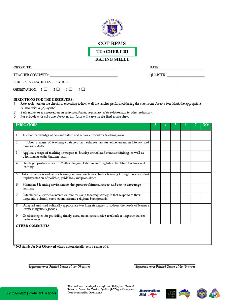 COT-RPMS Rating Sheet 2024 | PDF | Teachers | Learning