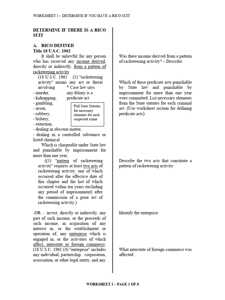 R.I.C.O. Worksheet | PDF | Mail And Wire Fraud | Crimes